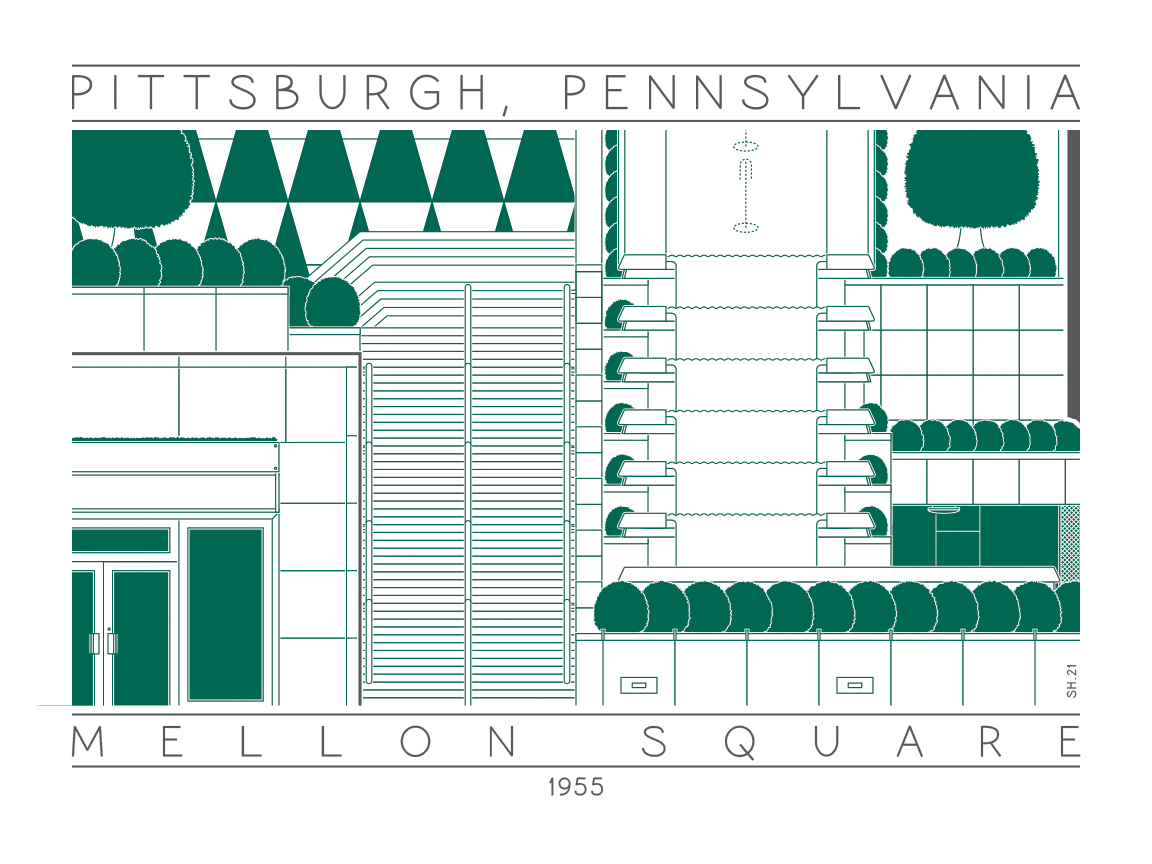 Mellon Square - 1955 Green Screenprint – Buildings By Shane